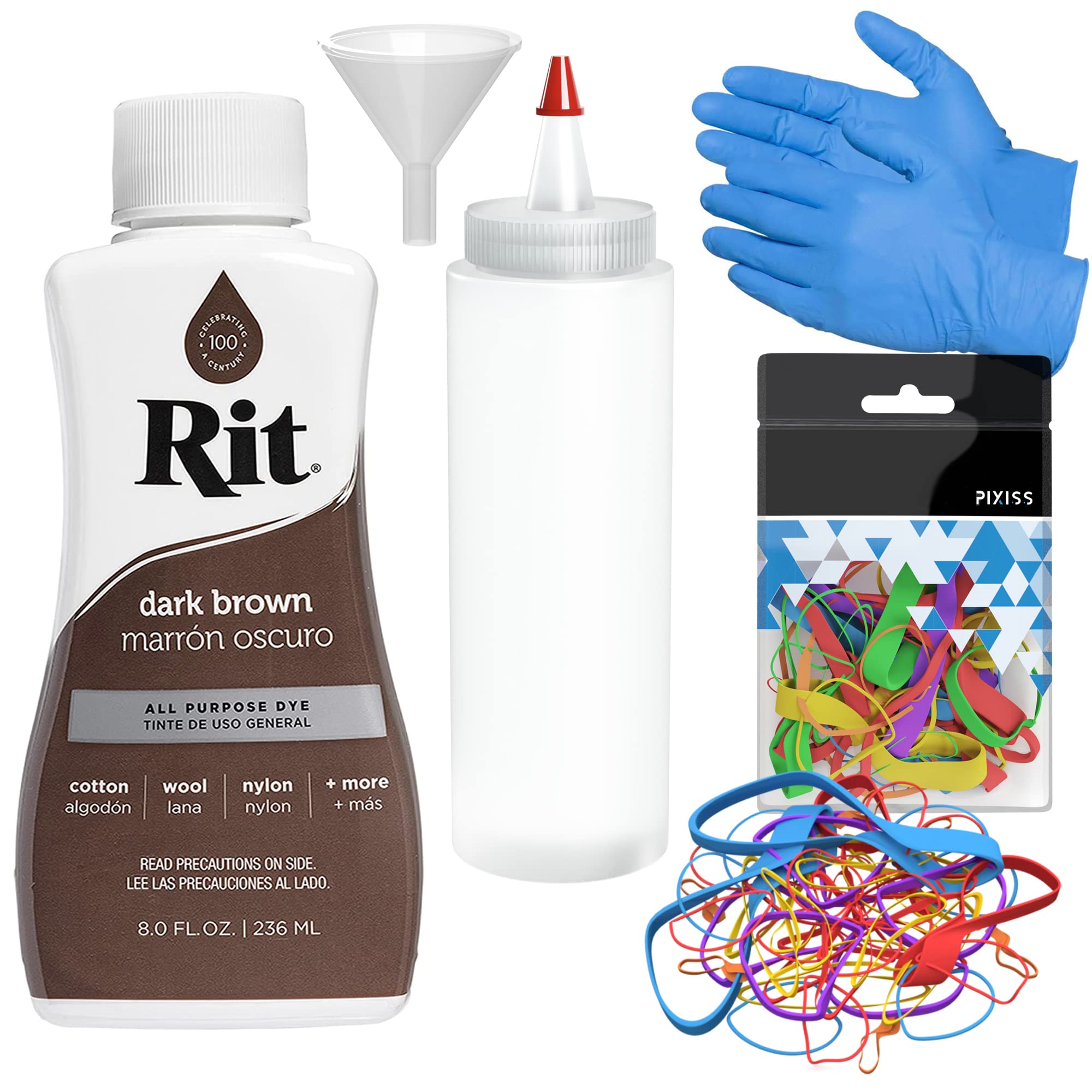 Rit Dye Liquid Dark Brown All-Purpose Dye (8oz) - Pixiss Tie Dye Kit and Accessories Set Bundle with Rubber Bands, Gloves, Funnel and Squeeze Bottle - Tie Dye Party Supplies