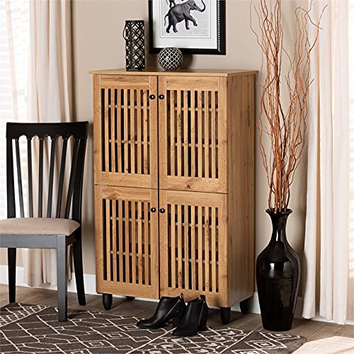 BOWERY HILL Modern Oak Brown Finished Wood 4-Door Shoe Storage Cabinet
