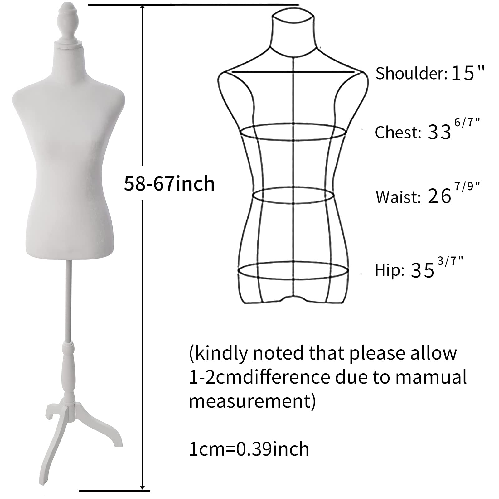 Female Dress Form Mannequin Torso Body with Adjustable Tripod Stand Dress Jewelry Display (White)