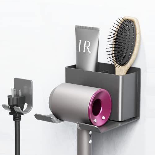 susswiff Hair Dryer Holder, with Caddy and Plug Hook, Metal Blow Dryer Holder Wall Mount, Self-Adhesive Extra Sticky, Hair Rack for Hair Care Product, Small Straightener Curling Iron Hot Tool, Grey