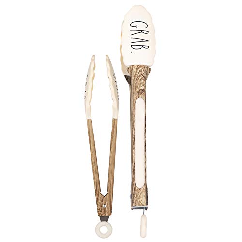 Rae Dunn Everyday Collection Stainless Steel, Beechwood - Silicone Tipped Kitchen Food BBQ and Cooking Tongs Set of Two, Non Stick Cookware, BPA Fee, Grill Tongs (White)