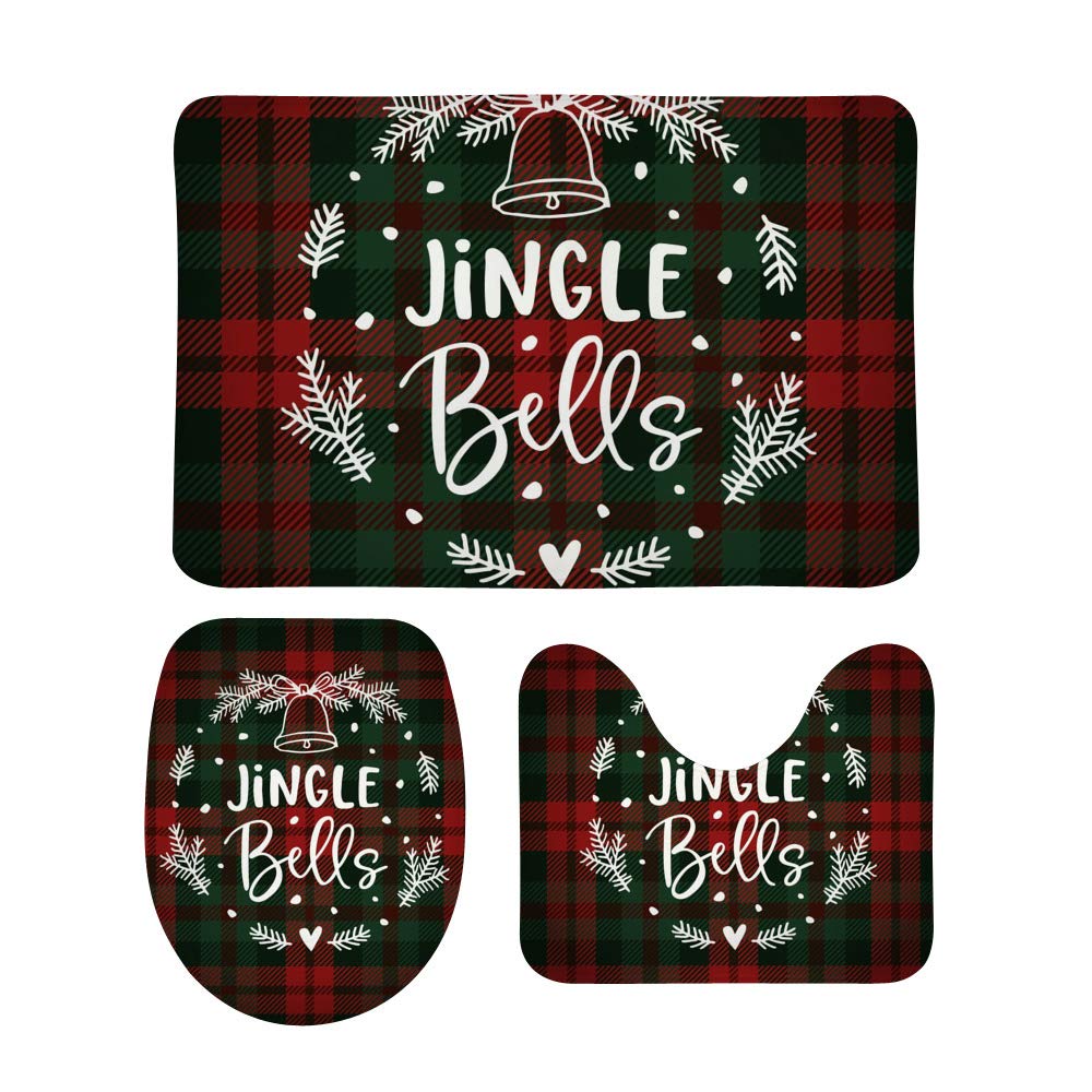Bathroom Mat Rug Set Non Slip Including U-Shaped Contour Mat Toilet Seat Cover Jingle Bells Christmas Green Red Extra Soft Coral Fleece Memory Foam 3 Piece