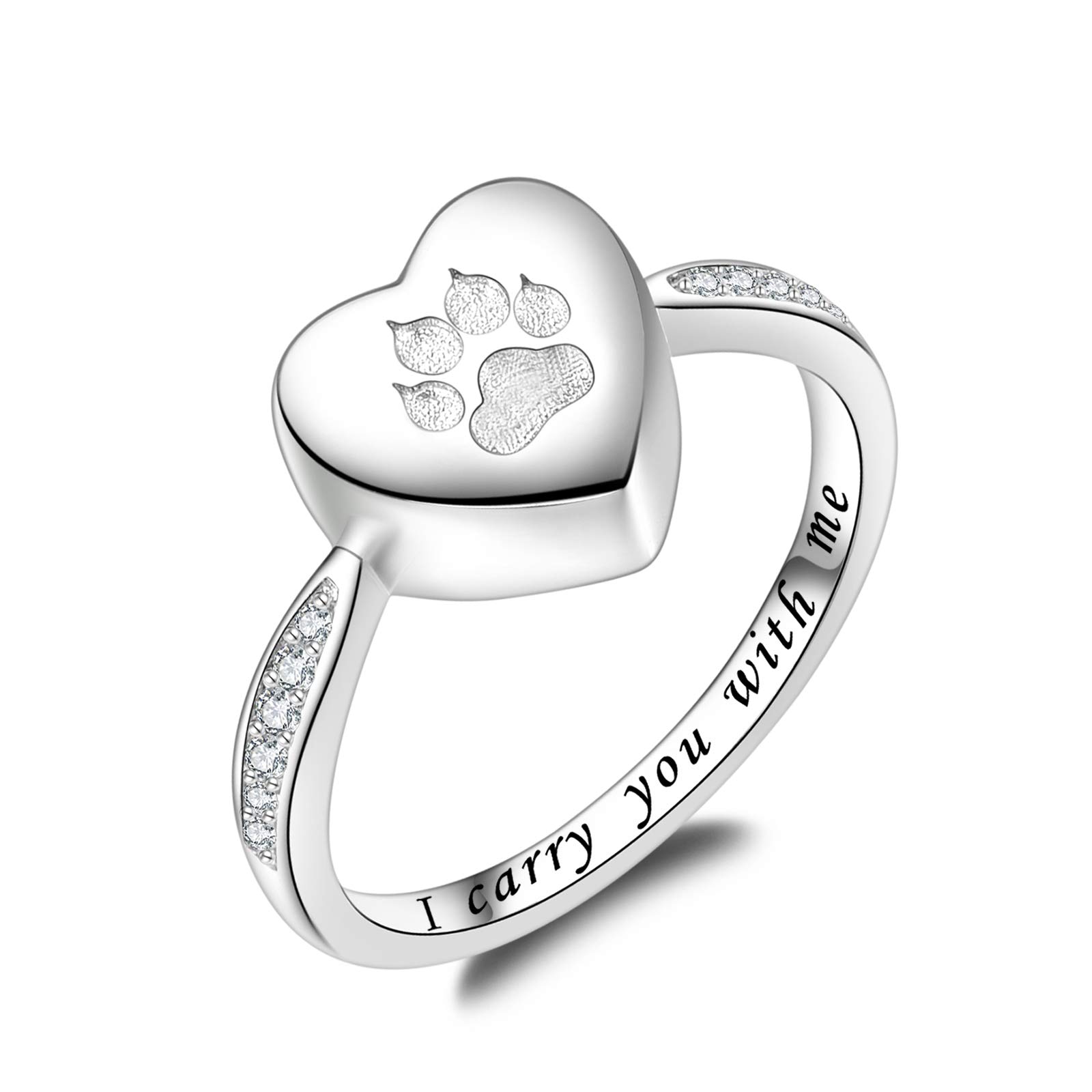 Fookduoduo 925 Sterling Silver Paw Print Urn for Ashes I Carry You with me Cremation Jewelry Dog Cat Claw Urn Finger Ring for Pet Lovers(Silver 7)