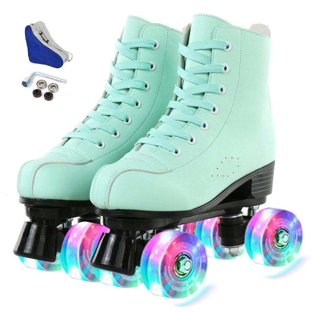 Womens Roller Skates Artificial Leather Adjustable Double Row 4 Wheels Roller Skates Shiny High-Top Outdoor Roller Skate for Teens,Adult (Flash Wheel, 39/US 8.5)