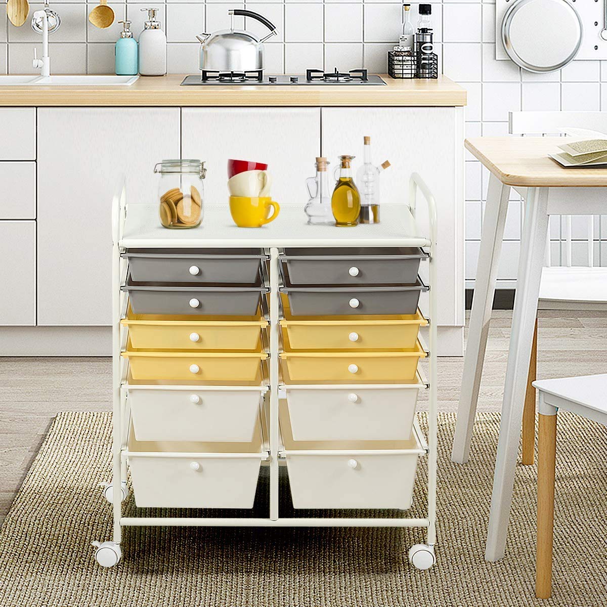 Moccha 12 Drawer Rolling Storage Cart, Utility Cart with Wheels, Tools Scrapbook Paper Organizer, 2 Sizes of Drawers, Multipurpose Lightweight Cart for School, Office, Home, Beauty Salon (Yellow)