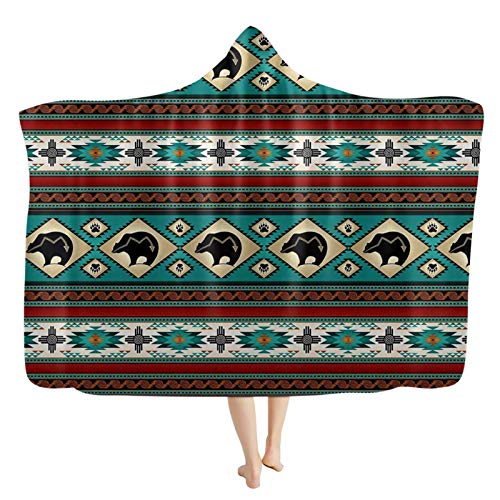 SEANATIVE Hooded Blanket Adult Warm Hooded Blanket with Aztec Bear Pattern for Women Men and Children Suitable for Sofas Beds Travel - Size:L