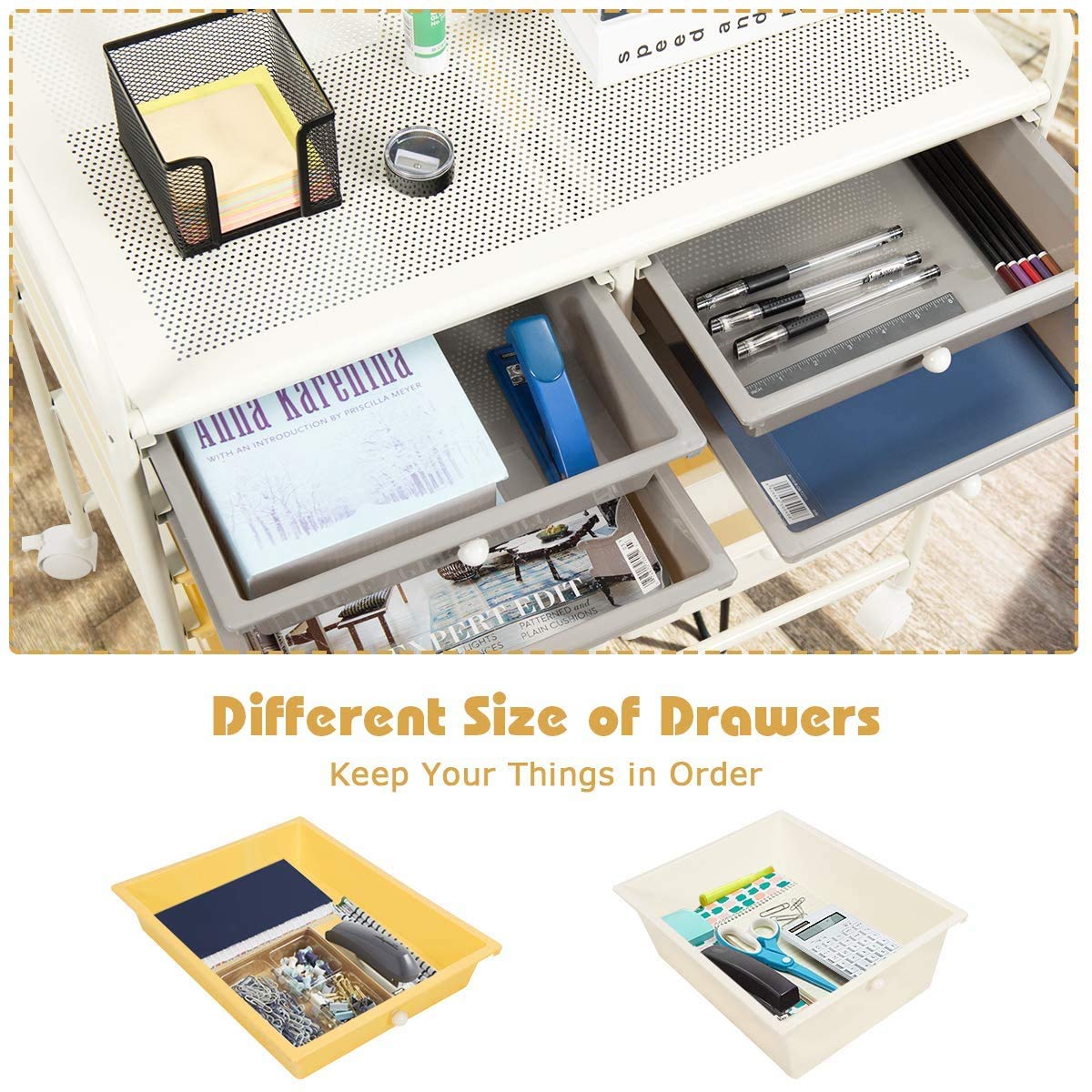 Moccha 12 Drawer Rolling Storage Cart, Utility Cart with Wheels, Tools Scrapbook Paper Organizer, 2 Sizes of Drawers, Multipurpose Lightweight Cart for School, Office, Home, Beauty Salon (Yellow)