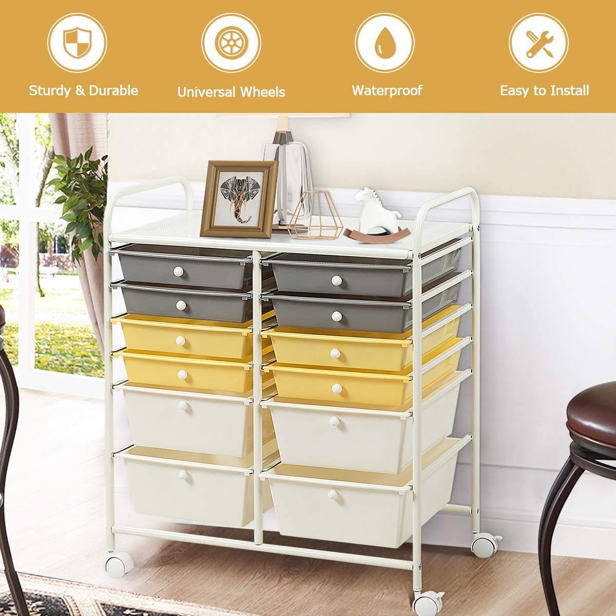 Moccha 12 Drawer Rolling Storage Cart, Utility Cart with Wheels, Tools Scrapbook Paper Organizer, 2 Sizes of Drawers, Multipurpose Lightweight Cart for School, Office, Home, Beauty Salon (Yellow)