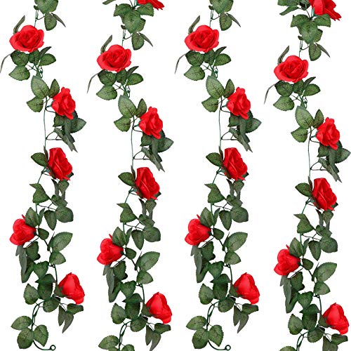 Syhood Artificial Rose Garlands Rose Vines Leaves Banners Hanging Fake Floral Garland Flower Vine for Wedding Arch Ceremony Home Garden Outdoor Party Wall Decorations, 14.4 ft(Red,2 Pieces)