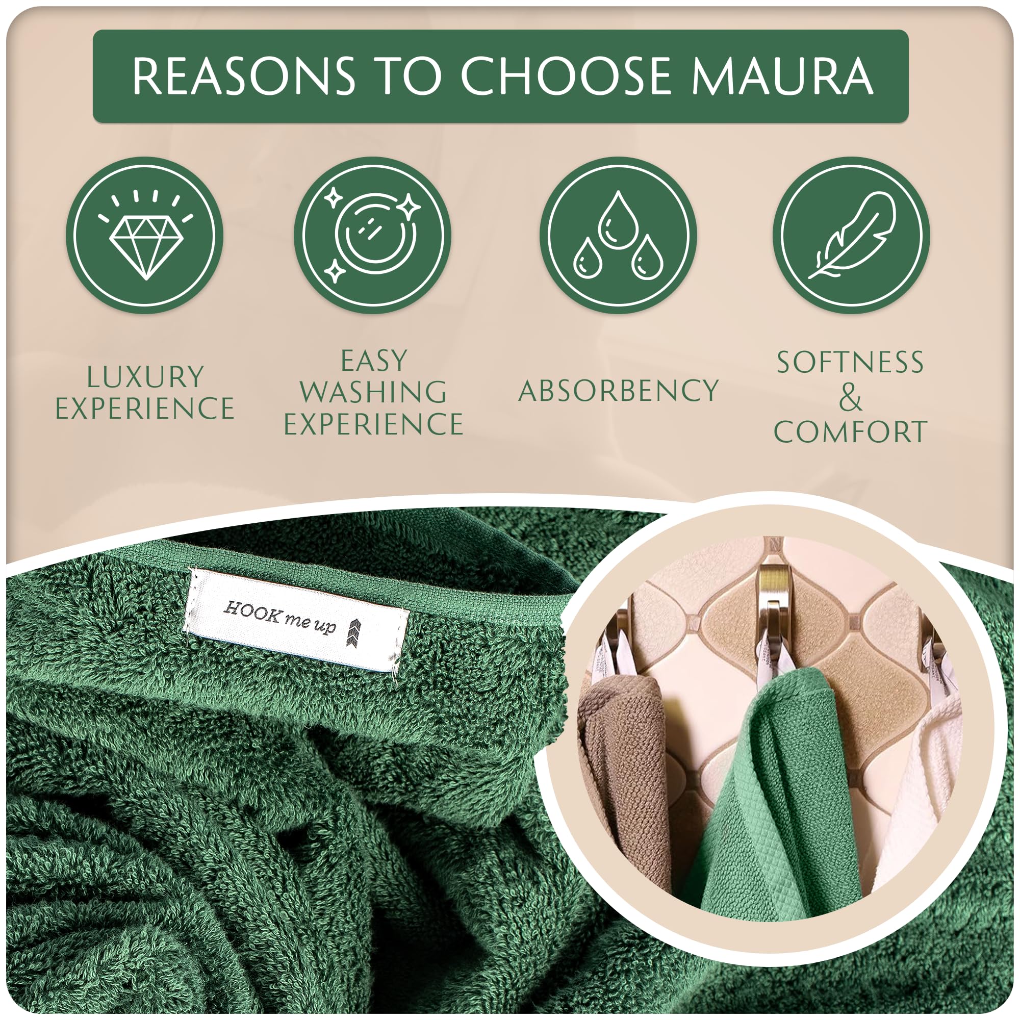 MAURA Basics Performance Bath Towels 100% Turkish Cotton with Hook Loops. Extra Large Luxury Absorbent Plush Towel Sets for Bathroom, Daily Use American Standard Size 27βx54β, Hunter Green