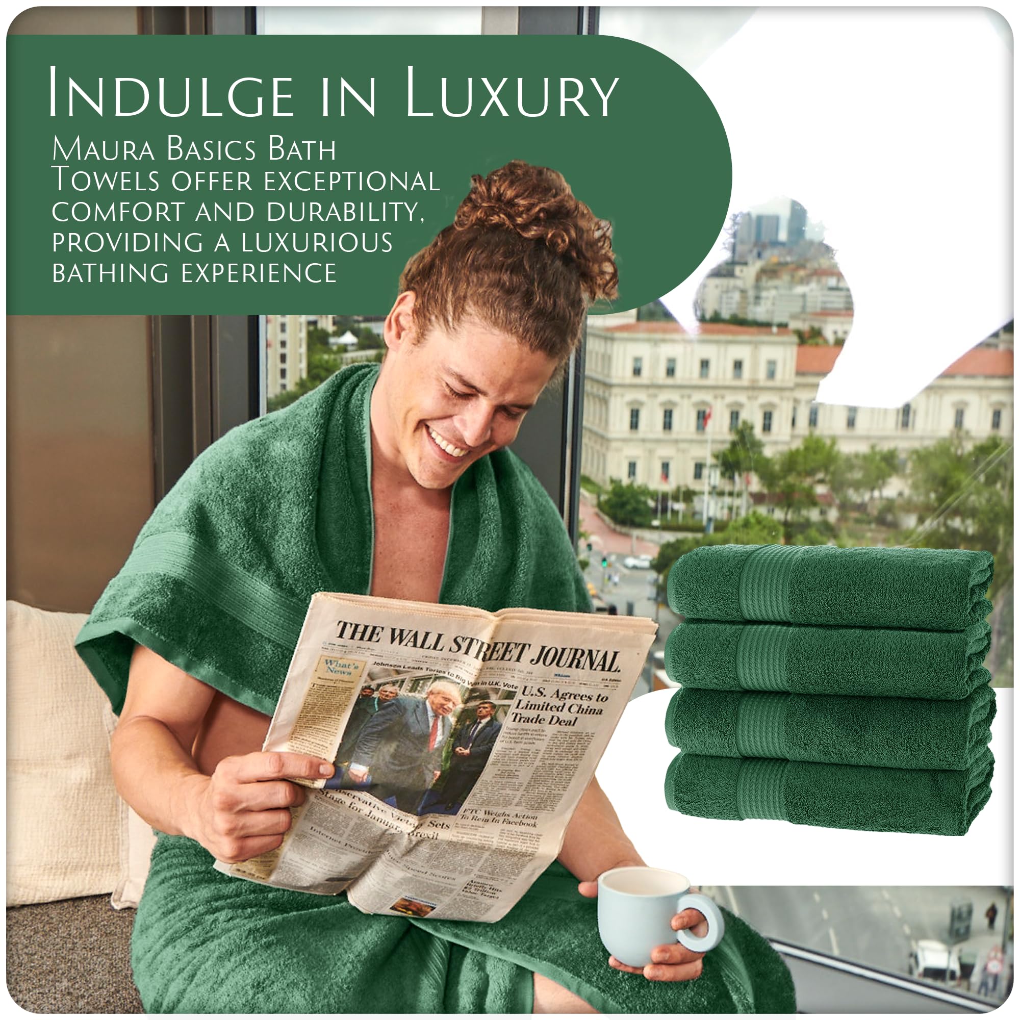 MAURA Basics Performance Bath Towels 100% Turkish Cotton with Hook Loops. Extra Large Luxury Absorbent Plush Towel Sets for Bathroom, Daily Use American Standard Size 27βx54β, Hunter Green