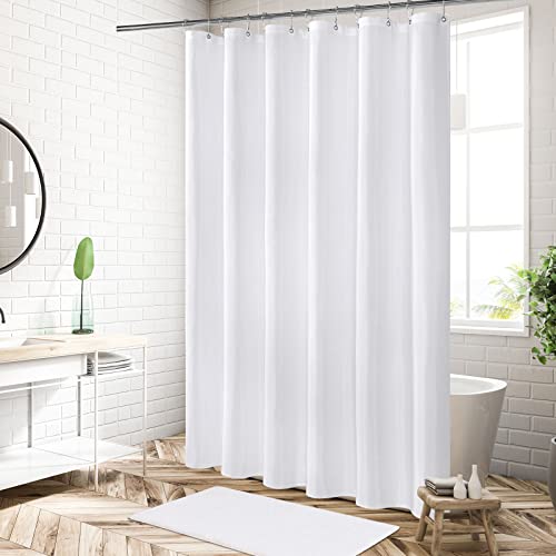 MitoVilla White Fabric Shower Curtain Liner, Simple Shower Curtain or Liner for Modern Neutral Hotel Bathroom Decor, Waterproof Cloth & Machine Washable, 12 Plastic Hooks, 72" W x 72" H