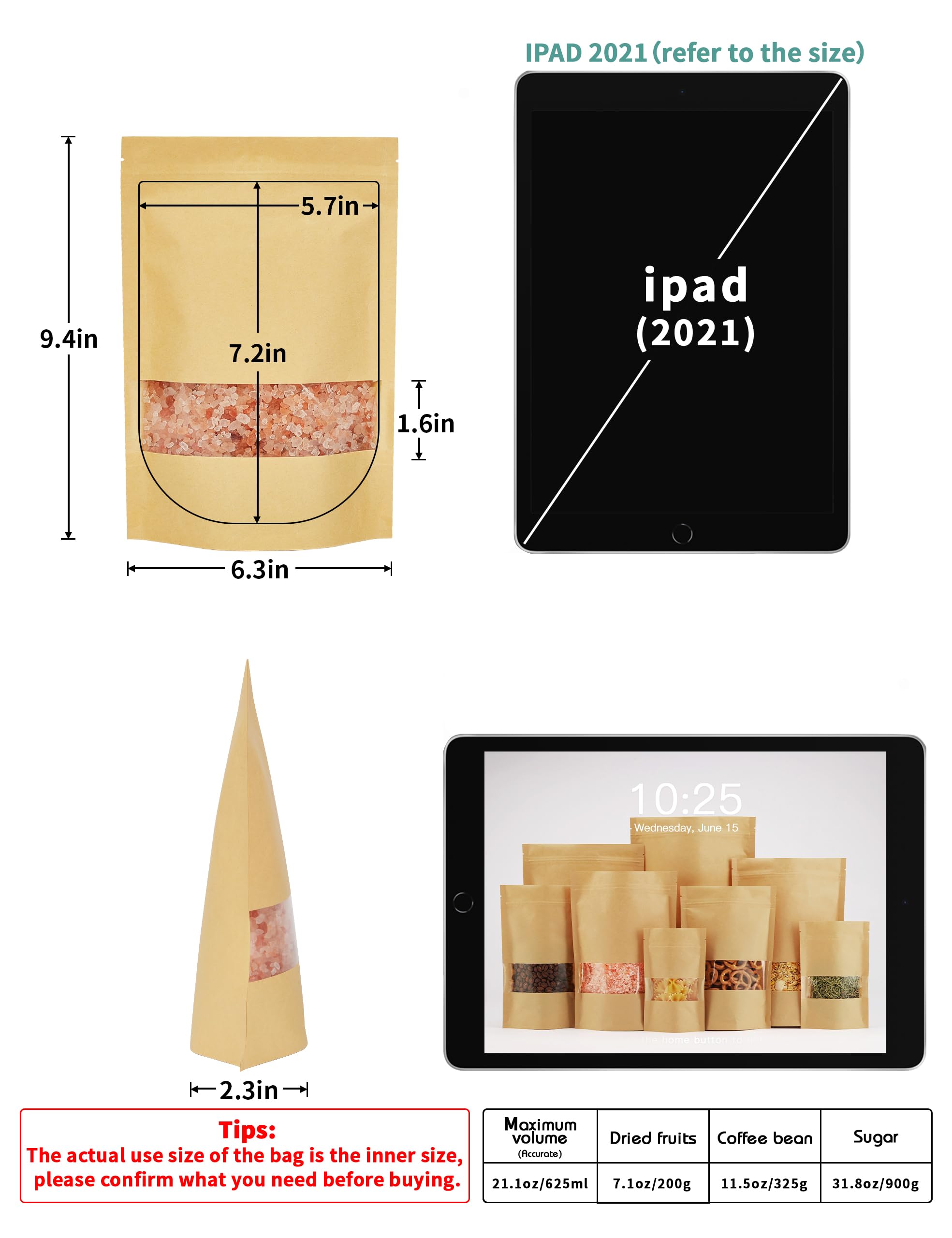 FireKylin 100 Pcs Kraft Paper Bags with Window, 6.3" x 8.6" Stand Up Pouches Bags, Zip Lock Food Storage Bags for Packaging Products, Reusable, Sealable