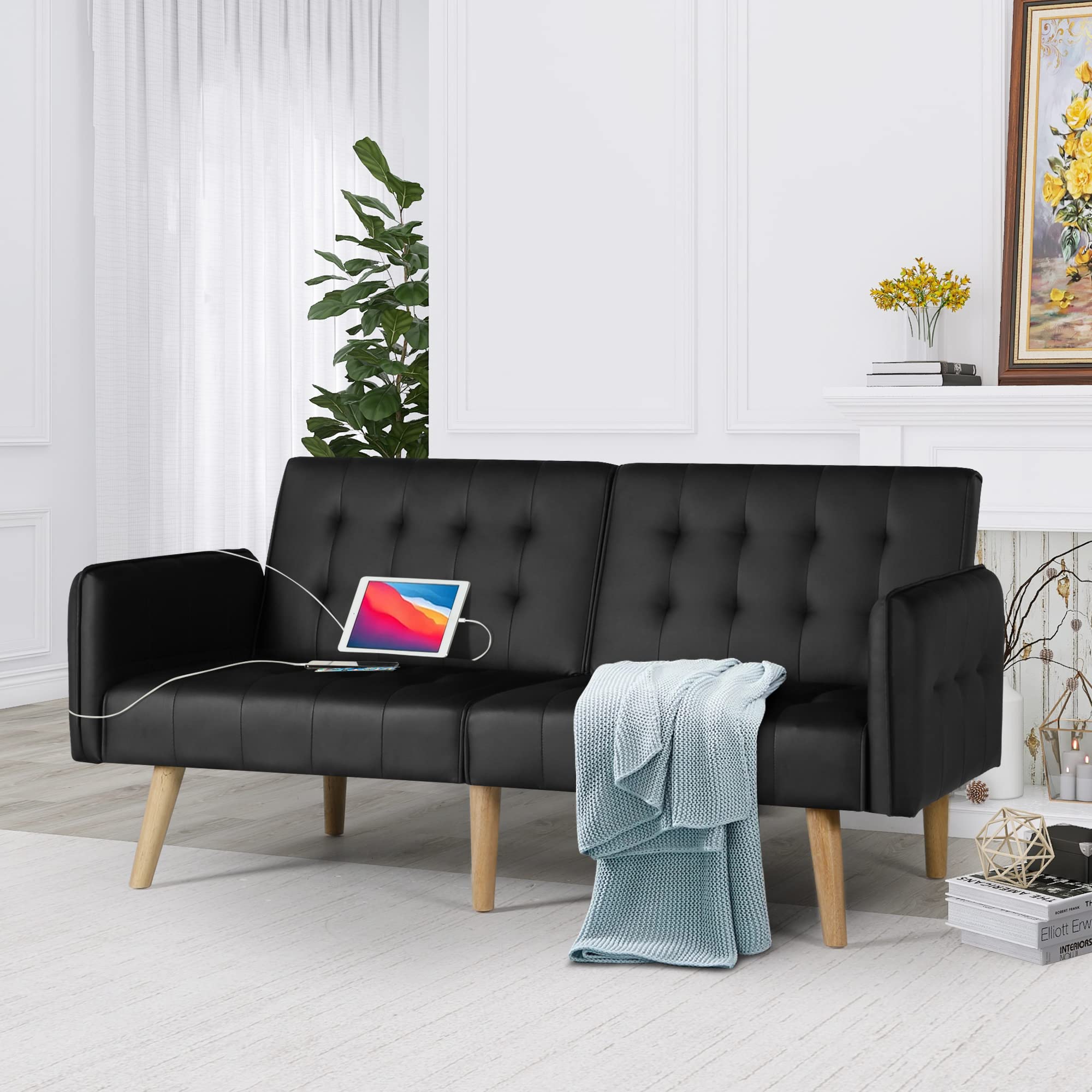 TYBOATLE Faux Leather Convertible 65'' Folding Futon Sofa Bed w/ 2 USB, Loveseat for Small Space, Apartment, Dorm, Living Room, Office, Black