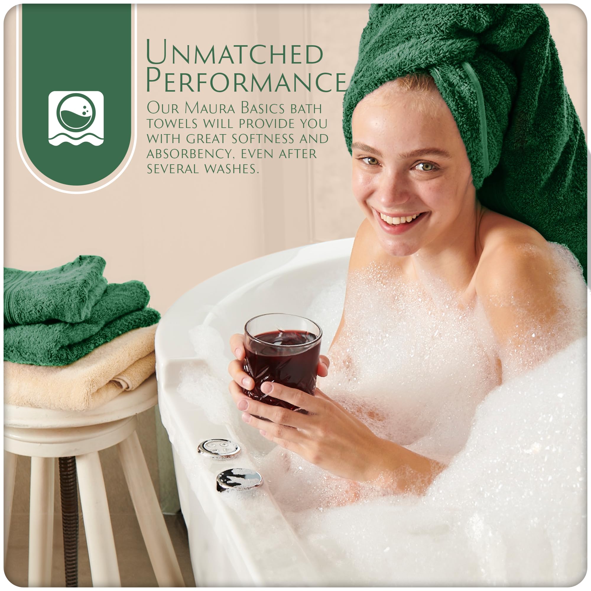MAURA Basics Performance Bath Towels 100% Turkish Cotton with Hook Loops. Extra Large Luxury Absorbent Plush Towel Sets for Bathroom, Daily Use American Standard Size 27βx54β, Hunter Green