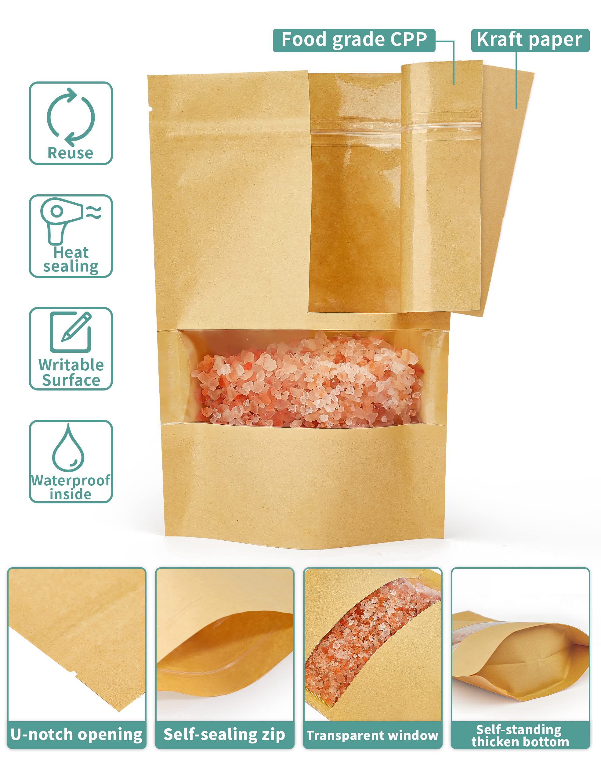 FireKylin 100 Pcs Kraft Paper Bags with Window, 6.3" x 8.6" Stand Up Pouches Bags, Zip Lock Food Storage Bags for Packaging Products, Reusable, Sealable