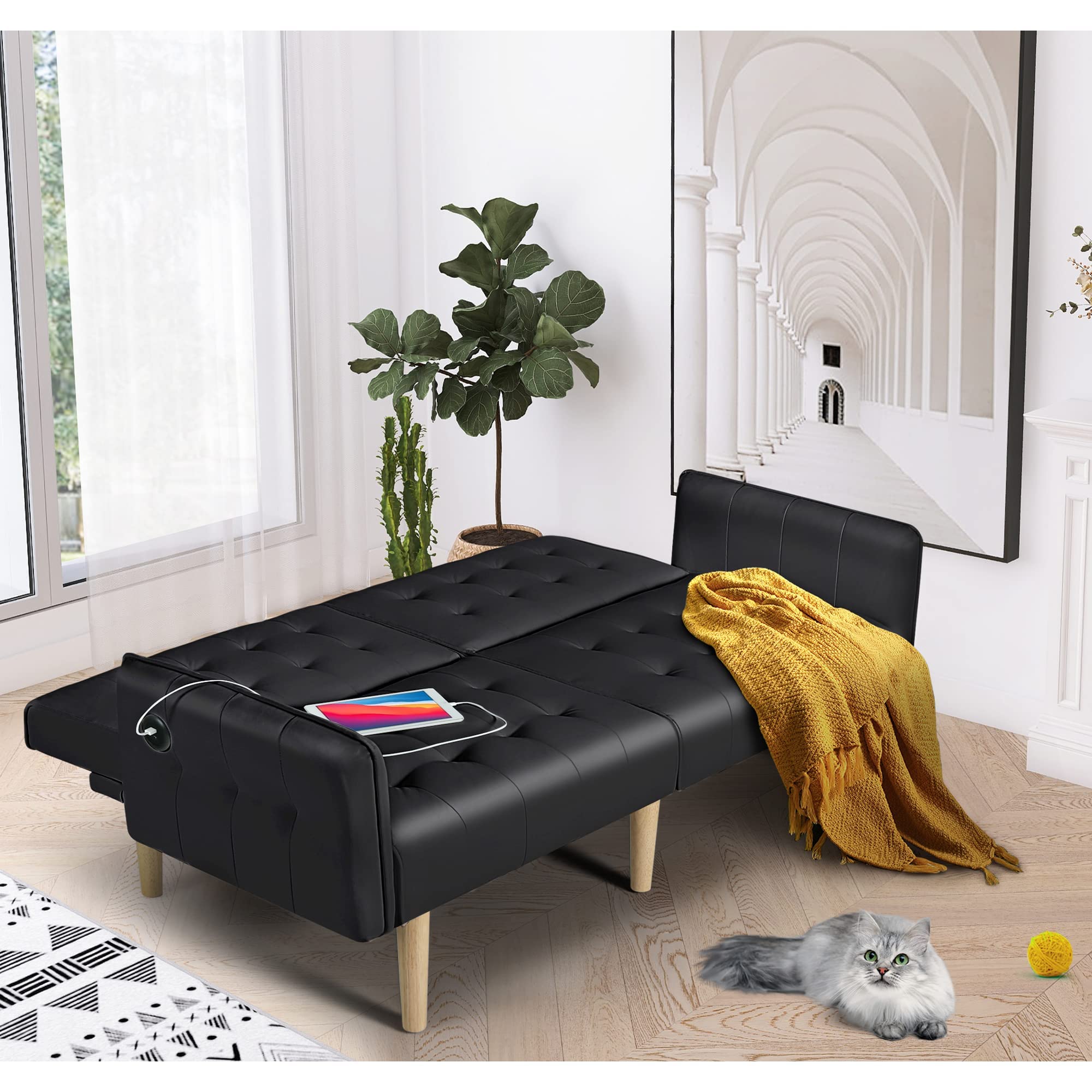 TYBOATLE Faux Leather Convertible 65'' Folding Futon Sofa Bed w/ 2 USB, Loveseat for Small Space, Apartment, Dorm, Living Room, Office, Black