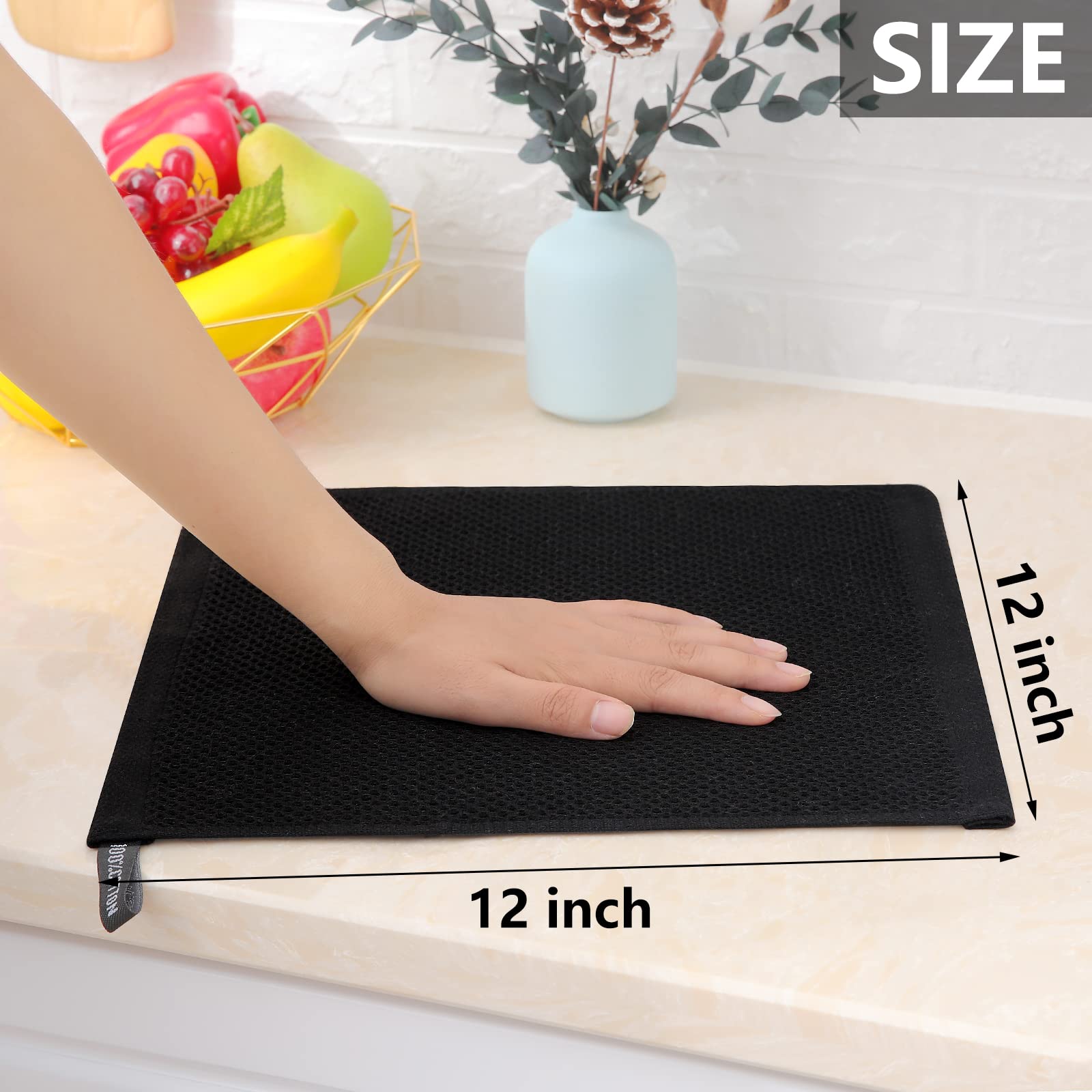 Homaxy 100% Cotton Waffle Weave Kitchen Dish Cloths, Ultra Soft Absorbent Quick Drying Dish Towels, 12 x 12 Inches, 6-Pack, Black