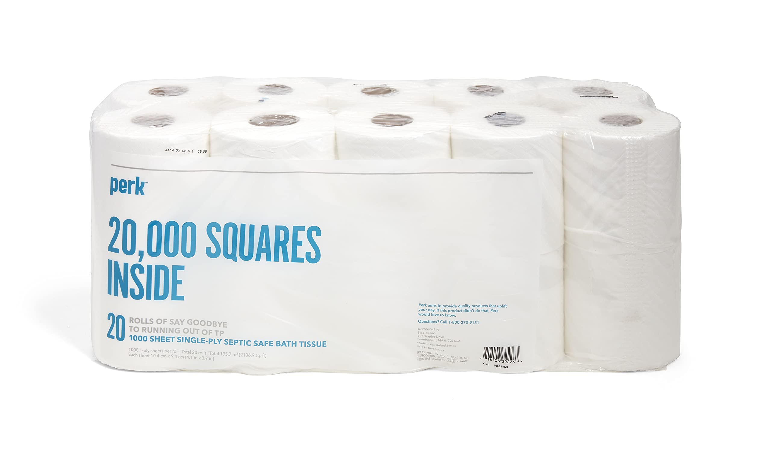 Perk PK55153 Perk Septic Safe 1-Ply Toilet Paper, White, 1000 Sheets/Roll, 20 Rolls/Pack (PK55153)