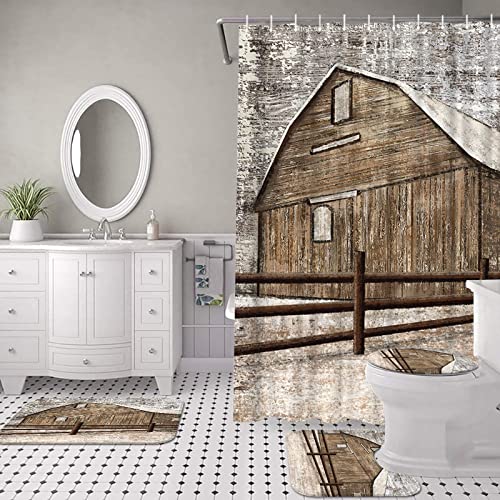 SiMiWOW Rustic Farmhouse Barn Shower Curtain Set with Bath Mat Bath Rugs Bathroom Decor Set of 4 Pieces