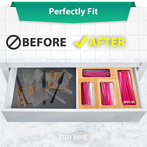 TIDYHIVE - Ziplock Bag Storage Organizer - Kitchen Organizer for Sandwich Bags, Quart, Gallon, Snack – Natural Wood Plastic Bag Organizer – Space Saving and Practical Solution