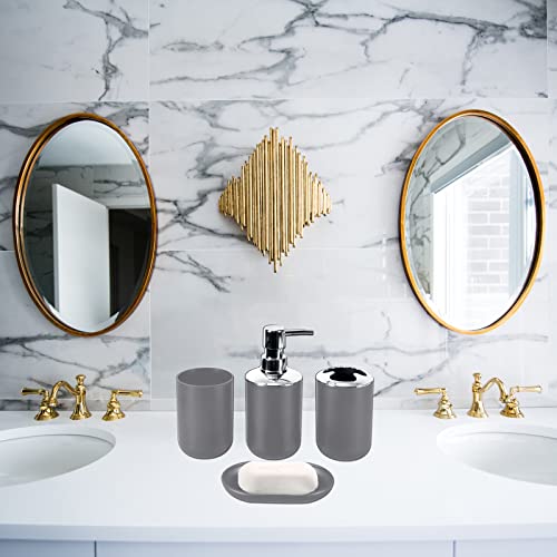 Grey Bathroom Accessories Set 8 Piece,Toothbrush Holder Cup Soap Dish Lotion or Soap Dispenser Trash can Toilet Brush Holder Cotton Swab Box Bath Set for Decorative Countertop and Housewarming Gift