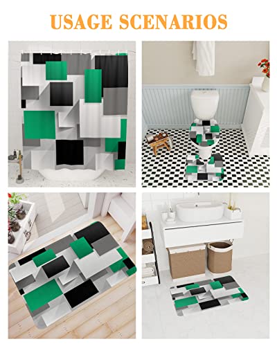 4 Pcs Shower Curtain Set with 12 Hooks Geometric 3D Abstract Green Black Gray Square Pattern Bathroom Sets with Non-Slip Bath Mat Toilet Lid Cover Waterproof Durable Shower Curtain and Rugs