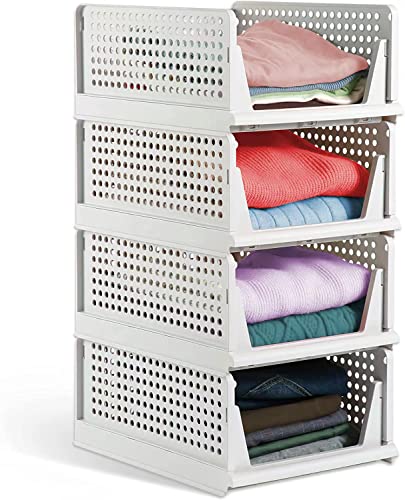 4-Pack Foldable Wardrobe Storage Box,Stackable Clothes Drawer Organizer,Closet Container Bin,Plastic Closet Organizer Basket,Collapsible Large Capacity Shelves Storage Bin for Office, Kitchen, Bedroom(White)