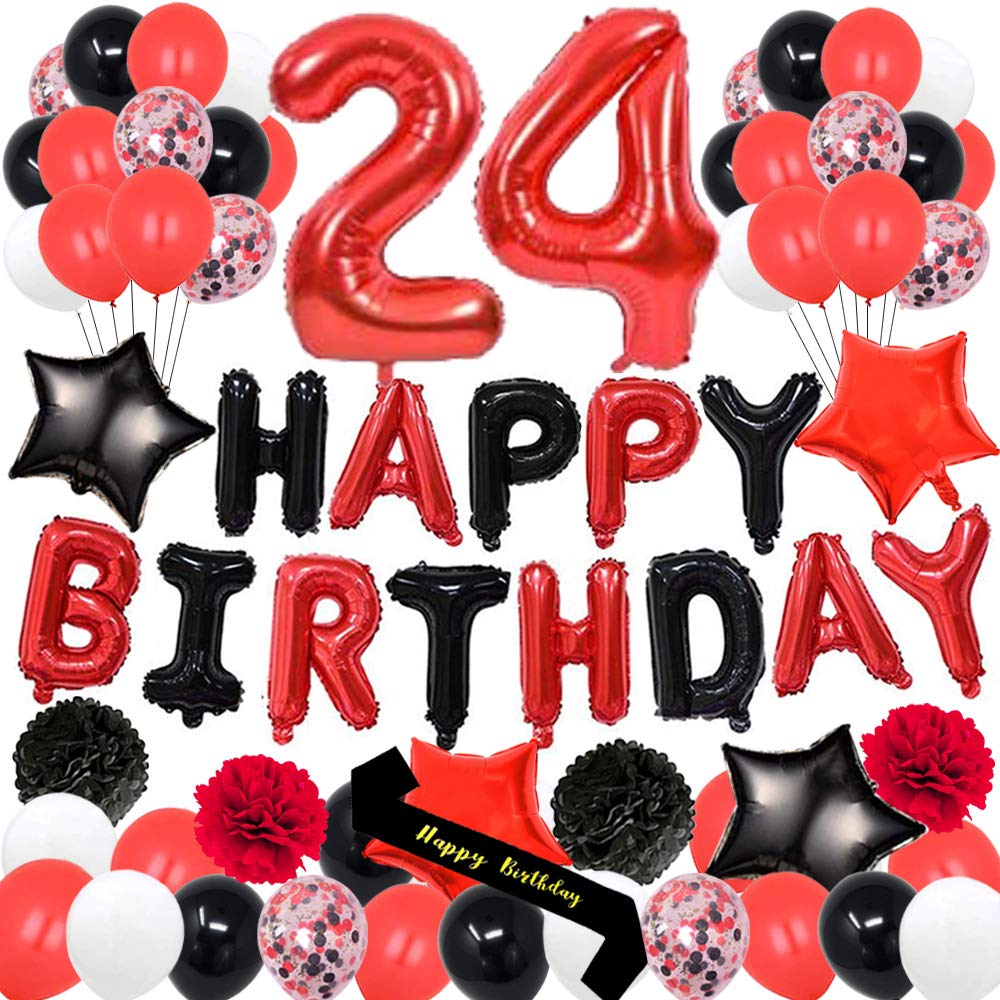 yujiaonly 24th Birthday Party Decorations-Happy Birthday Foil Ballons Banner Red Number 24 Happy Birthday Sash Latex Balloons Perfect for 24 Years Old Party Supplies Balloons Number 24 Red