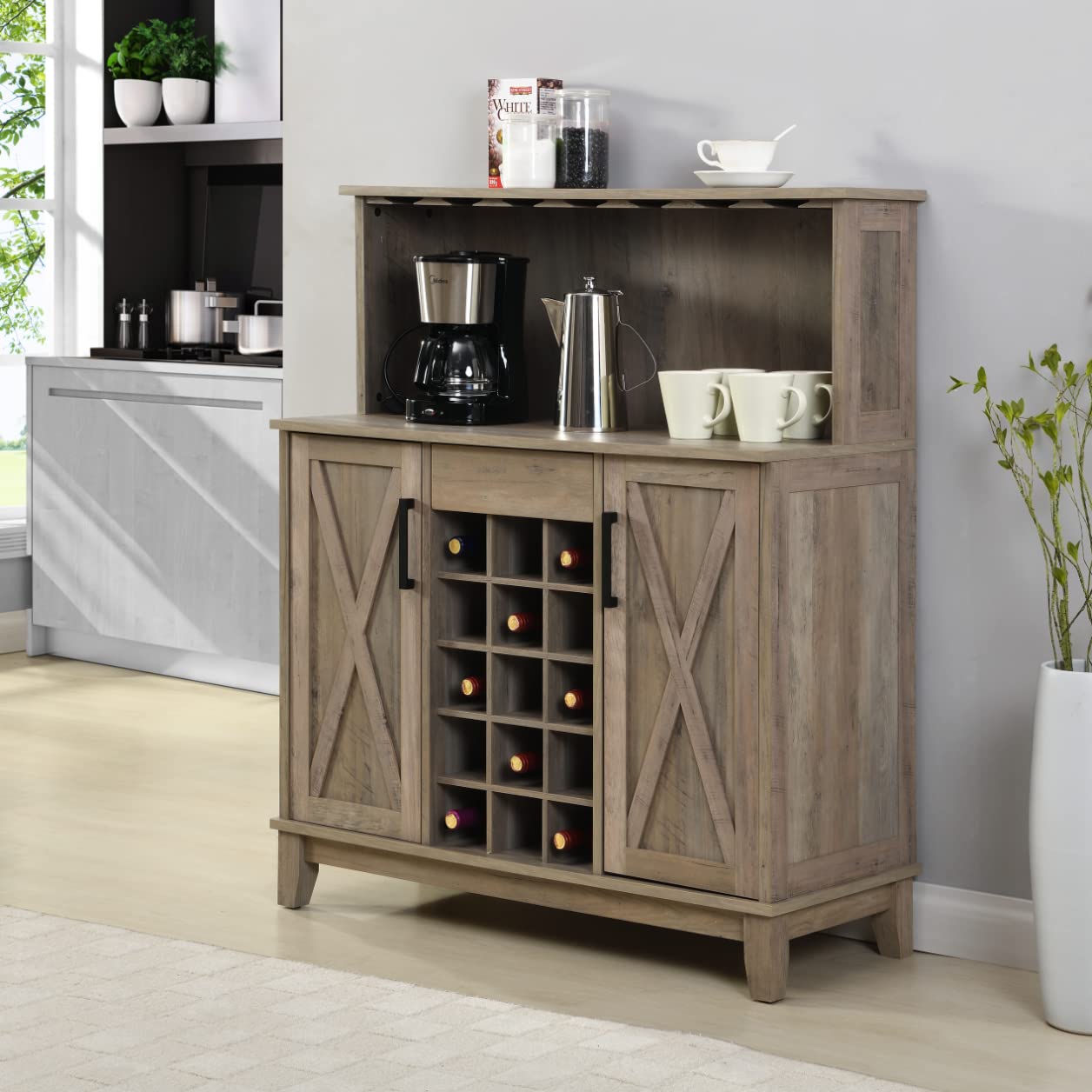 Home Source Bar Cabinet with Wine Rack and Glass Doors (Grey wash- Solid)
