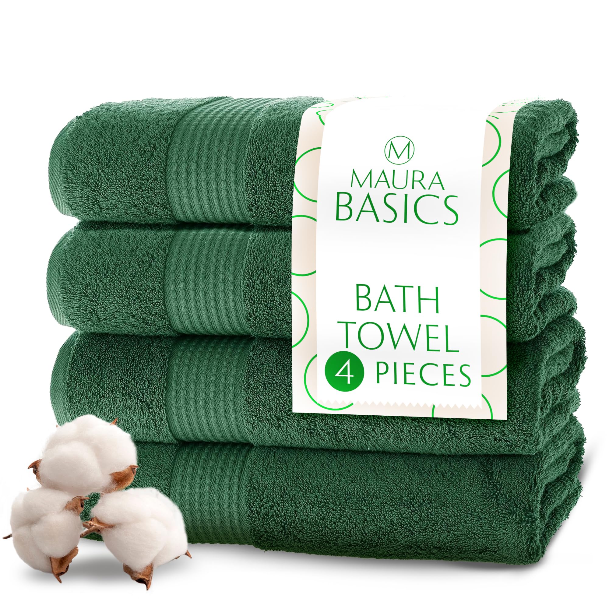 MAURA Basics Performance Bath Towels 100% Turkish Cotton with Hook Loops. Extra Large Luxury Absorbent Plush Towel Sets for Bathroom, Daily Use American Standard Size 27”x54”, Hunter Green