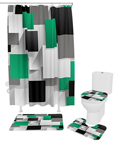 4 Pcs Shower Curtain Set with 12 Hooks Geometric 3D Abstract Green Black Gray Square Pattern Bathroom Sets with Non-Slip Bath Mat Toilet Lid Cover Waterproof Durable Shower Curtain and Rugs