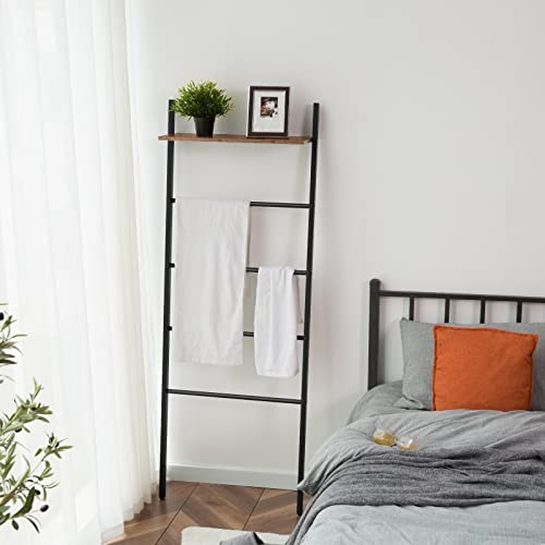 HOOBRO Towel Rack, 5-Tier Blanket Ladder, Wall Leaning Ladder Shelf, Blanket Rack with Shelf, 25.2" Wide Decorative Ladder for Bathroom, Rustic Brown BF73CJ01G1