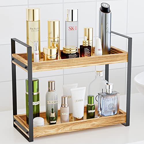 AieeJL 2-Tier Countertop Organizer for Bathroom Counter,Finished Wood Vanity Tray Holder,Cosmetic Storage Shelf, Perfect as Kitchen Snack Spice Rack and Coffee Station Organization