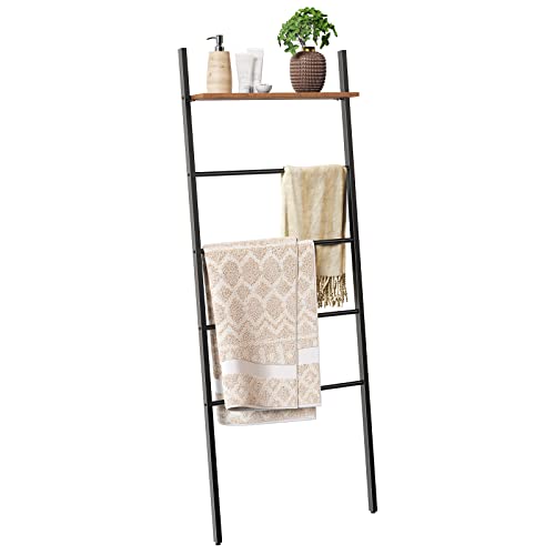 HOOBRO Towel Rack, 5-Tier Blanket Ladder, Wall Leaning Ladder Shelf, Blanket Rack with Shelf, 25.2" Wide Decorative Ladder for Bathroom, Rustic Brown BF73CJ01G1
