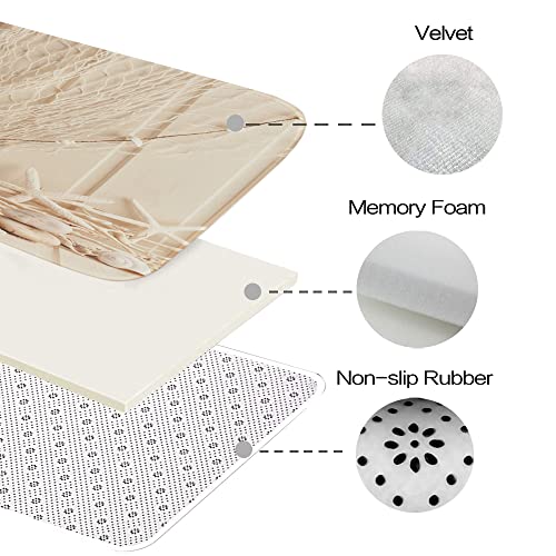 Beige Bathroom Rugs and Modern Fishing Net Seashell Lighthouse Mats Sets 3 Piece, Velvet Memory Foam Marine Beach Theme Bath Mat, Large Small and U-Shaped Contour Shower Mat Non-Slip Washable