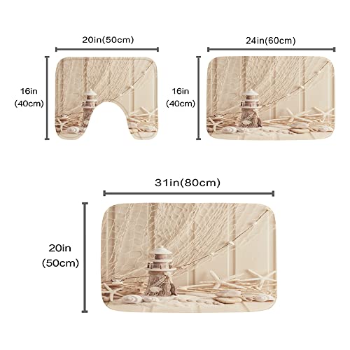Beige Bathroom Rugs and Modern Fishing Net Seashell Lighthouse Mats Sets 3 Piece, Velvet Memory Foam Marine Beach Theme Bath Mat, Large Small and U-Shaped Contour Shower Mat Non-Slip Washable
