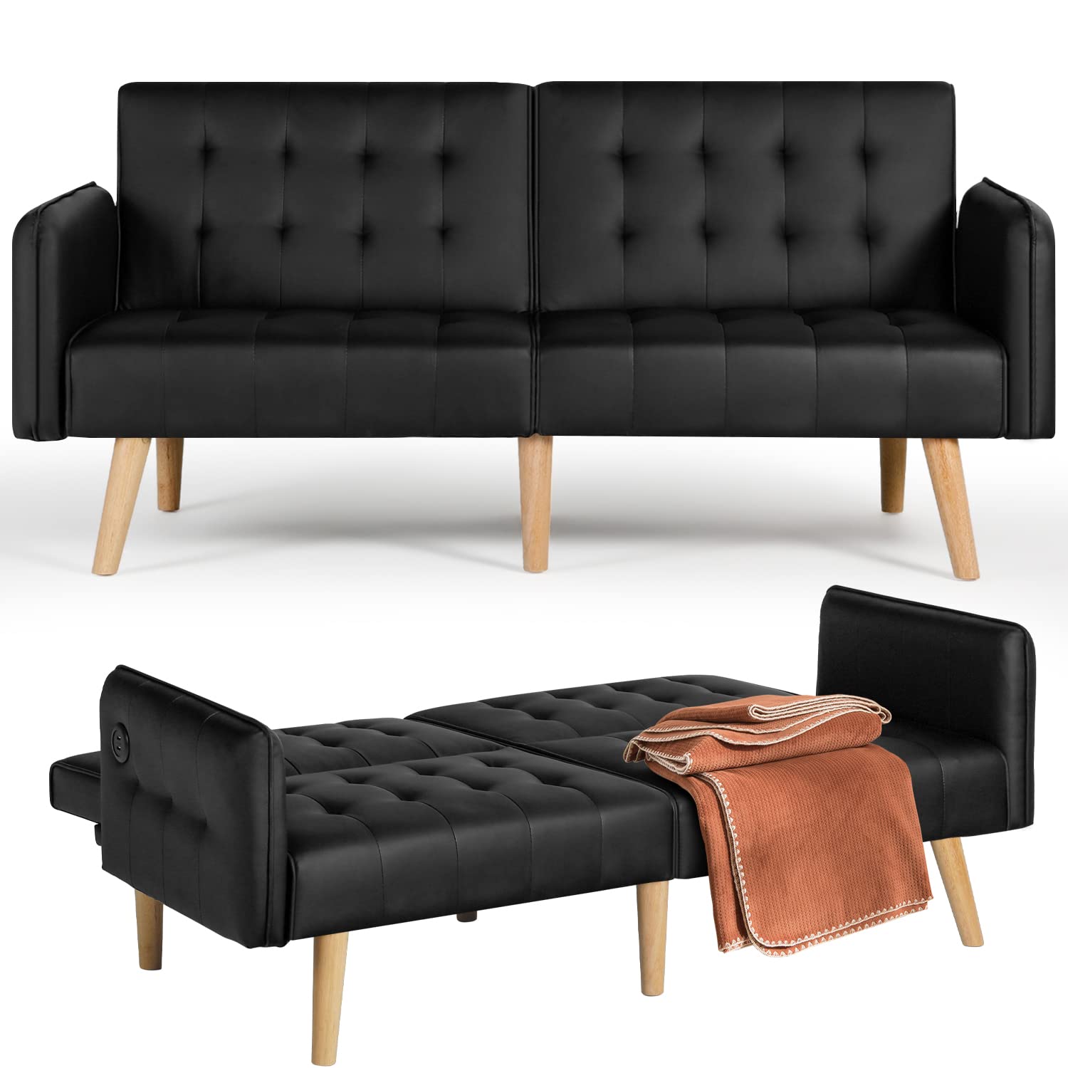 TYBOATLE Faux Leather Convertible 65'' Folding Futon Sofa Bed w/ 2 USB, Loveseat for Small Space, Apartment, Dorm, Living Room, Office, Black