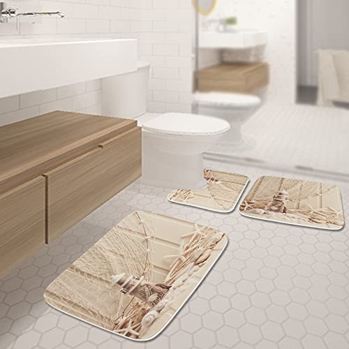 Beige Bathroom Rugs and Modern Fishing Net Seashell Lighthouse Mats Sets 3 Piece, Velvet Memory Foam Marine Beach Theme Bath Mat, Large Small and U-Shaped Contour Shower Mat Non-Slip Washable