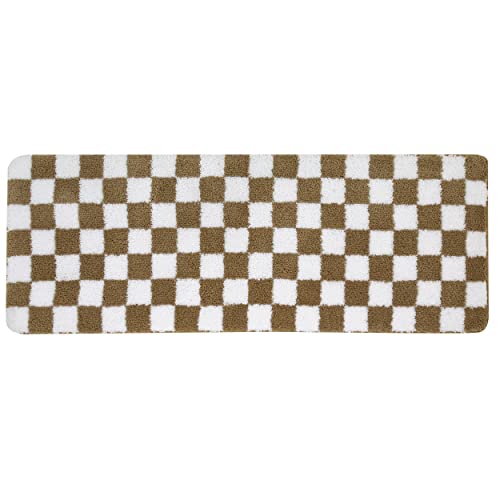 Chaelilife Checkered Bathroom Runner Rugs, Khaki Non Slip Bath Mats for Bathroom, Long Water Absorbent Bath Rug Soft Washable Geometric Shag Rug for Indoor Shower Tub Doormat, 18"x47"
