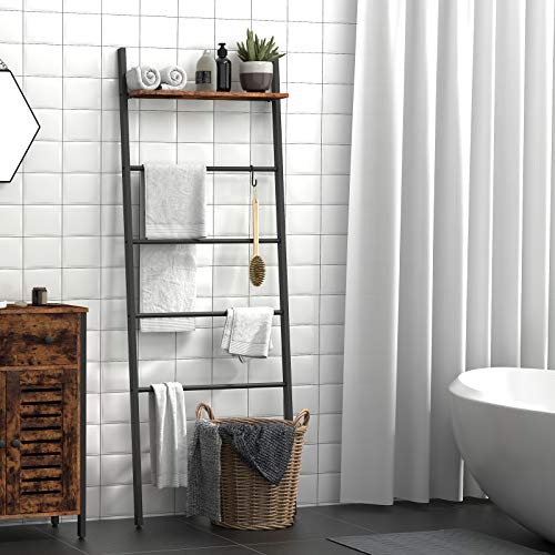HOOBRO Towel Rack, 5-Tier Blanket Ladder, Wall Leaning Ladder Shelf, Blanket Rack with Shelf, 25.2" Wide Decorative Ladder for Bathroom, Rustic Brown BF73CJ01G1