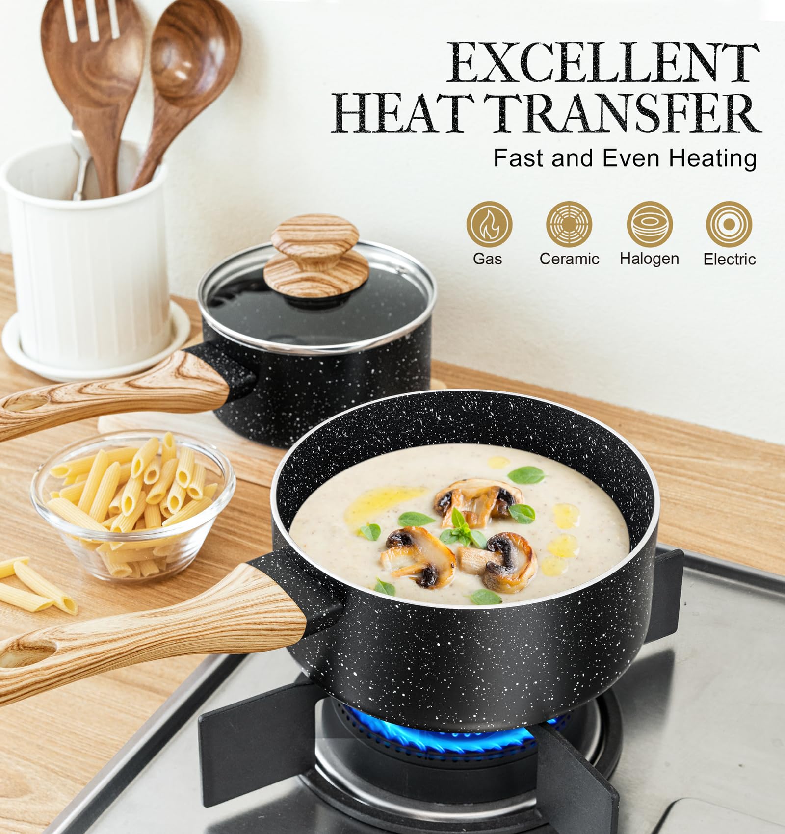 MICHELANGELO Saucepan Set with lid, Nonstick 1Qt & 2Qt Saucepan Set with Lid, Small Sauce Pot with Lid, Nonstick Sauce Pan 1Quart & 2 Quart, Stone Derived Coating Sauce Pan Set, Small Pot with Lid