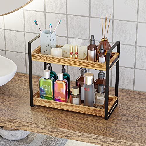 AieeJL 2-Tier Countertop Organizer for Bathroom Counter,Finished Wood Vanity Tray Holder,Cosmetic Storage Shelf, Perfect as Kitchen Snack Spice Rack and Coffee Station Organization