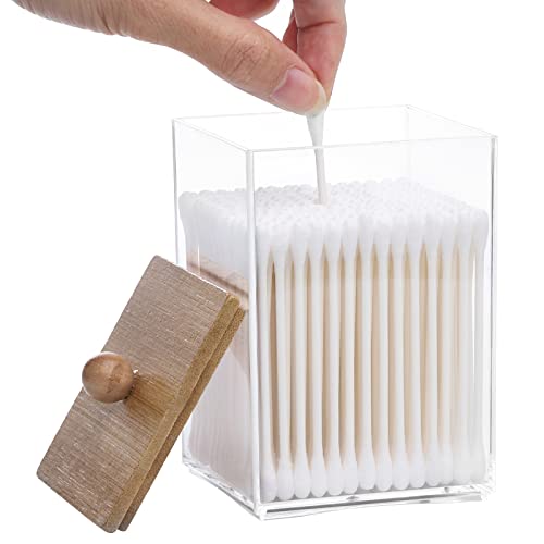 Tbestmax 12 OZ Cotton Swab/Ball/Pad Holder, Qtip Apothecary Jar, Clear Bathroom Containers Dispenser for Storage 4 Pack Wood Lids