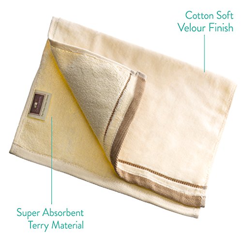 Creative Scents 100% Cotton Velour Fingertip Towels - 4 Pack 11 by 18 Inch – Decorative, Extra Absorbent and Soft Face Towel, Ideal for Bathroom and Powder Room (Cream with Embroidered Brown Trim)