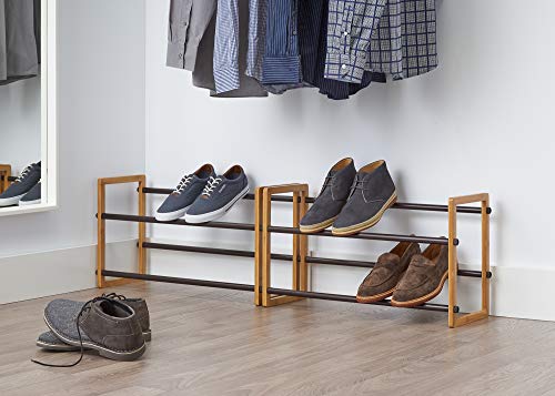 TRINITY BASICS 2-Tier Expandable Shoe Organizer with Bamboo Frame, Stackable Shoe Rack for Closet, Stores up to 16 Pairs of Shoes, Dark Bronze Finish, Expands from 24β to 44β, 2-Pack