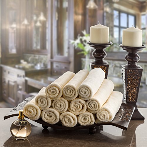 Creative Scents 100% Cotton Velour Fingertip Towels - 4 Pack 11 by 18 Inch – Decorative, Extra Absorbent and Soft Face Towel, Ideal for Bathroom and Powder Room (Cream with Embroidered Brown Trim)