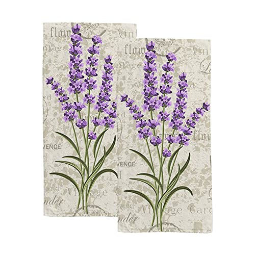 Retro Provence Lavender Stamps Fingertip Bath Towels, Super Soft Highly Absorbent Face Hand Towels, 2 Pack Purple Flowers Decorative Dish Towels for Hotel Kitchen Bathroom, 30 x 15 Inch