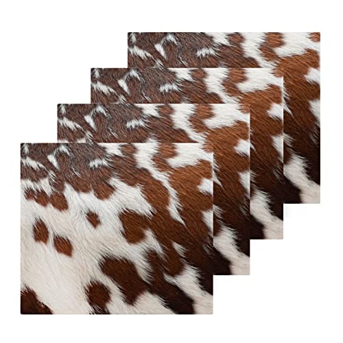 Cow Brown White Washcloth 12x12in Set, 4 Pack Absorbent Cotton Towel Square Kitchen Dishes Towels, Soft Cleaning Face Hand Towel Fast Drying