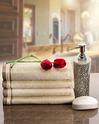 Creative Scents 100% Cotton Velour Fingertip Towels - 4 Pack 11 by 18 Inch – Decorative, Extra Absorbent and Soft Face Towel, Ideal for Bathroom and Powder Room (Cream with Embroidered Brown Trim)